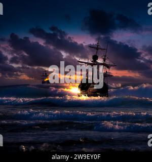 A battle between two sailing ships on the open sea during a storm ...