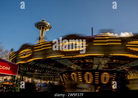 Seattle Christmas Market scene with a merry-go-round, holiday lights ...