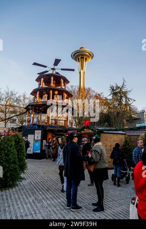 Seattle Christmas Market scene with the Christmas Pyramid, Santa s ...