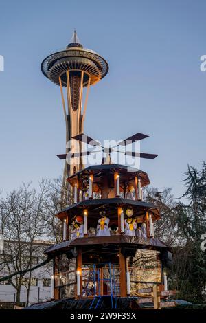 Seattle Christmas Market scene with the Christmas Pyramid, Santa s ...
