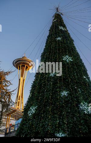 Seattle Christmas Market scene with a Christmas tree and holiday lights ...