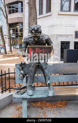 College student statue on Sherbrooke Street in downtown Montreal ...