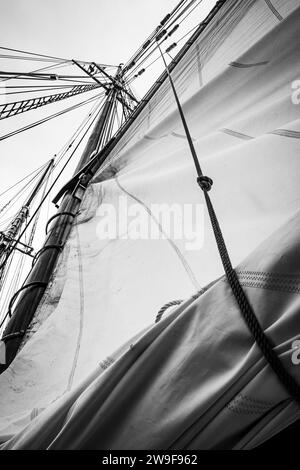 The masts and rigging of the replica Grand Banks fishing schooner Bluenose II sailing out of ...