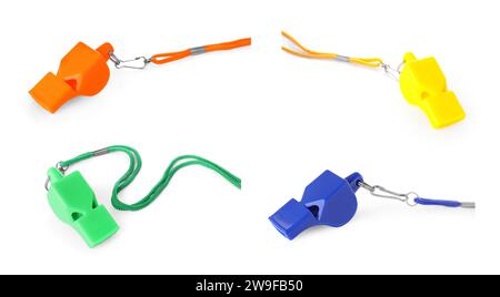 Different colourful whistles with cords isolated on white, set Stock ...