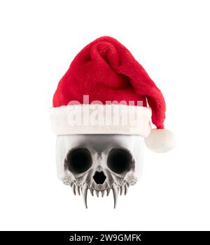 The death of Santa Claus. Human skull with Christmas hat near ...