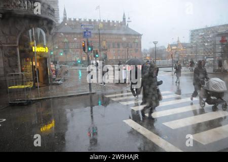 Copenhagen, Denmark /28 December 2023/.Weather night rain fall in ...