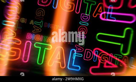 Digital neon symbol. Cyber technology light color bulbs. Abstract ...