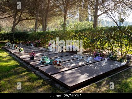 Peaceful cemetery scene with ground-level niches adorned with vibrant flowers, nestled among ...
