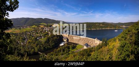 Elevated view of the Eder dam with the dam wall, Edersee, Waldeck ...