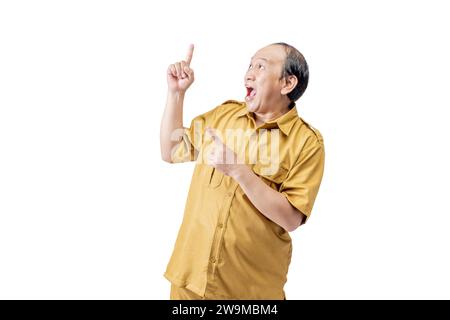 Civil servant man standing while pointing something isolated over a ...