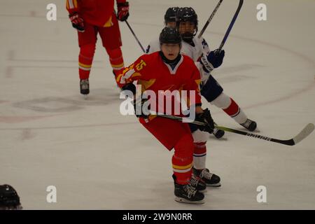 Dumfries, 15 December 2023. Chen Haoran, Tong Zihao and netminder Chen ...