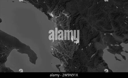 Albania highlighted on a Grayscale elevation map with lakes and rivers map with the country's ...
