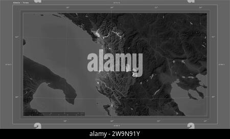 Albania highlighted on a Grayscale elevation map with lakes and rivers ...