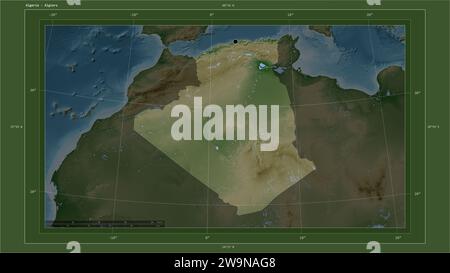 Algeria outlined on a Pale colored elevation map with lakes and rivers ...