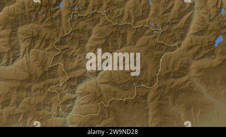 Andorra outlined on a elevation map colored in sepia tones with lakes ...