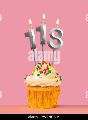 Vertical birthday card with number 118 candle - Green background with ...