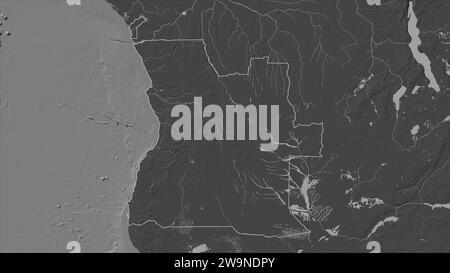 Angola outlined on a elevation map colored in sepia tones with lakes ...