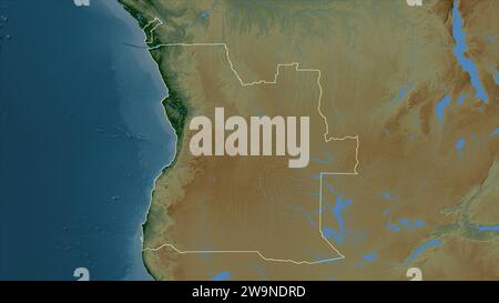 Angola outlined on a elevation map colored in sepia tones with lakes ...