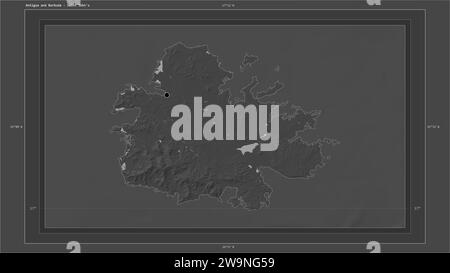 Antigua and Barbuda outlined on a Bilevel elevation map with lakes and ...