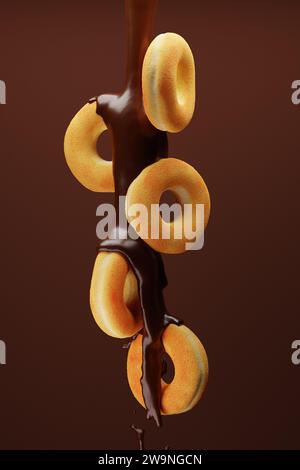 Pouring chocotate on doughnuts on brown background. 3d render Stock ...