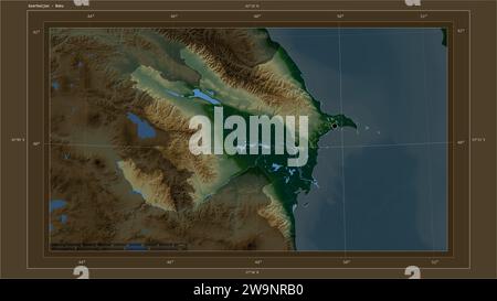 Azerbaijan highlighted on a Colored elevation map with lakes and rivers ...