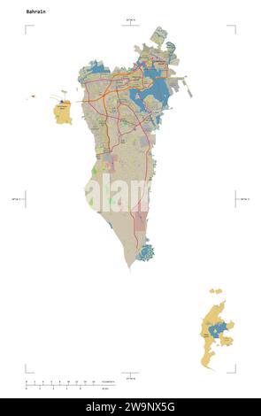 Shape of a topographic, OSM Germany style map of the Bahrain, with distance scale and map border ...