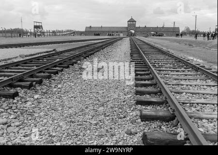 Rail tracks and entry to Auschwitz Birkenau concentration camps, Poland ...