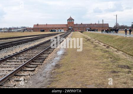 Rail tracks and entry to Auschwitz Birkenau concentration camps, Poland ...