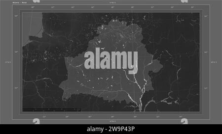 Belarus highlighted on a Grayscale elevation map with lakes and rivers ...