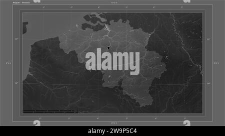 Belgium outlined on a Grayscale elevation map with lakes and rivers ...