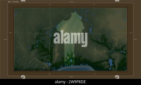 Benin highlighted on a Colored elevation map with lakes and rivers ...