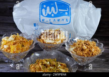 Cairo, Egypt, December 18 2023: Sweet Koshary from B.Laban made of ...