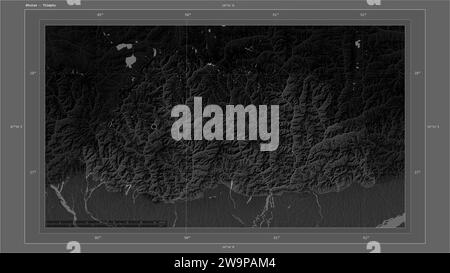 Bhutan highlighted on a Grayscale elevation map with lakes and rivers ...