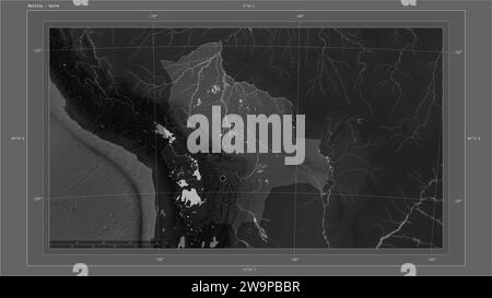 Bolivia outlined on a Grayscale elevation map with lakes and rivers ...