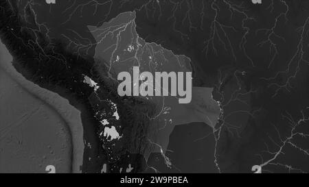 Bolivia highlighted on a Grayscale elevation map with lakes and rivers ...