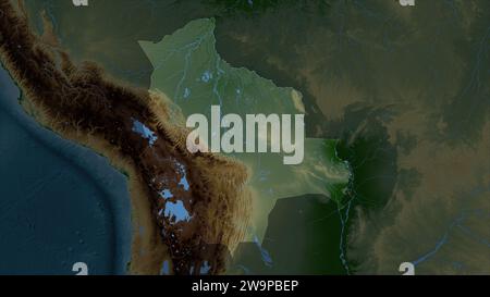 Bolivia highlighted on a elevation map colored in sepia tones with ...
