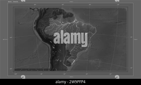 Brazil outlined on a Grayscale elevation map with lakes and rivers ...