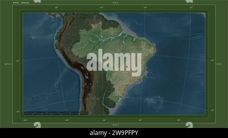 Brazil highlighted on a Pale colored elevation map with lakes and ...