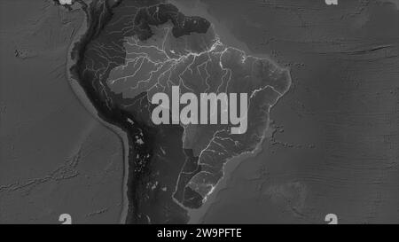 Brazil highlighted on a Grayscale elevation map with lakes and rivers ...
