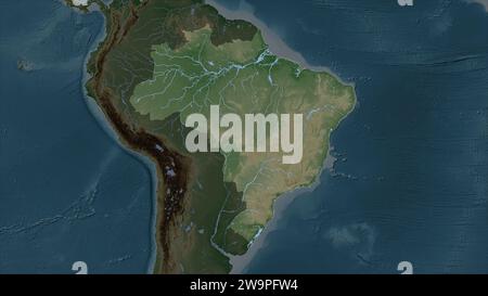 Brazil highlighted on a Pale colored elevation map with lakes and ...