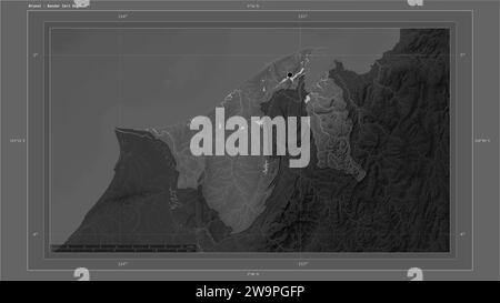Brunei highlighted on a Grayscale elevation map with lakes and rivers ...