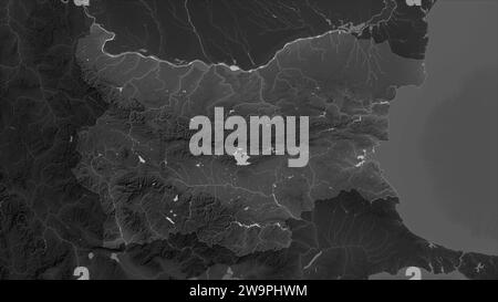 Bulgaria highlighted on a Grayscale elevation map with lakes and rivers ...