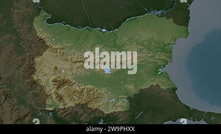 Bulgaria highlighted on a Colored elevation map with lakes and rivers ...