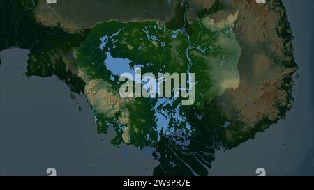 Cambodia highlighted on a Colored elevation map with lakes and rivers ...