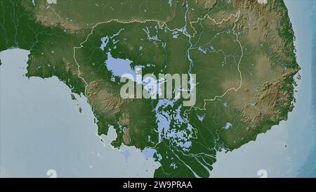 Cambodia outlined on a Colored elevation map with lakes and rivers ...