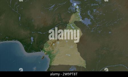 Cameroun highlighted on a Pale colored elevation map with lakes and ...
