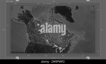 Canada highlighted on a Grayscale elevation map with lakes and rivers ...
