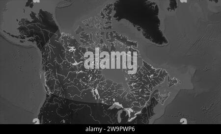 Canada highlighted on a Grayscale elevation map with lakes and rivers ...