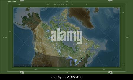Canada outlined on a Pale colored elevation map with lakes and rivers ...