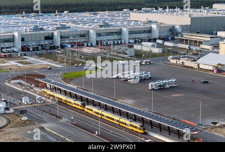 Aerial view of Tesla Gigafactory, Tesla shuttle train, Gruenheide, 23 ...